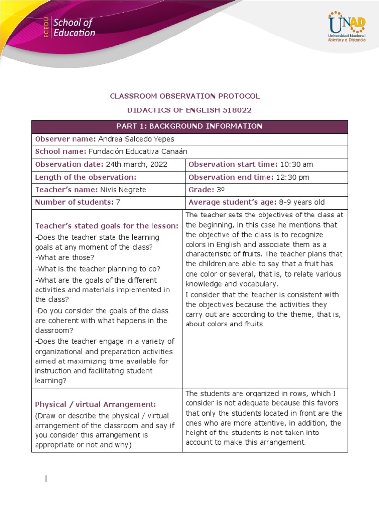Classroom Observation Protocol Part 3 | PDF | Teachers | Classroom
