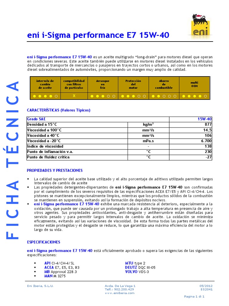 Ficha Tecnica E7 15W-40 | PDF
