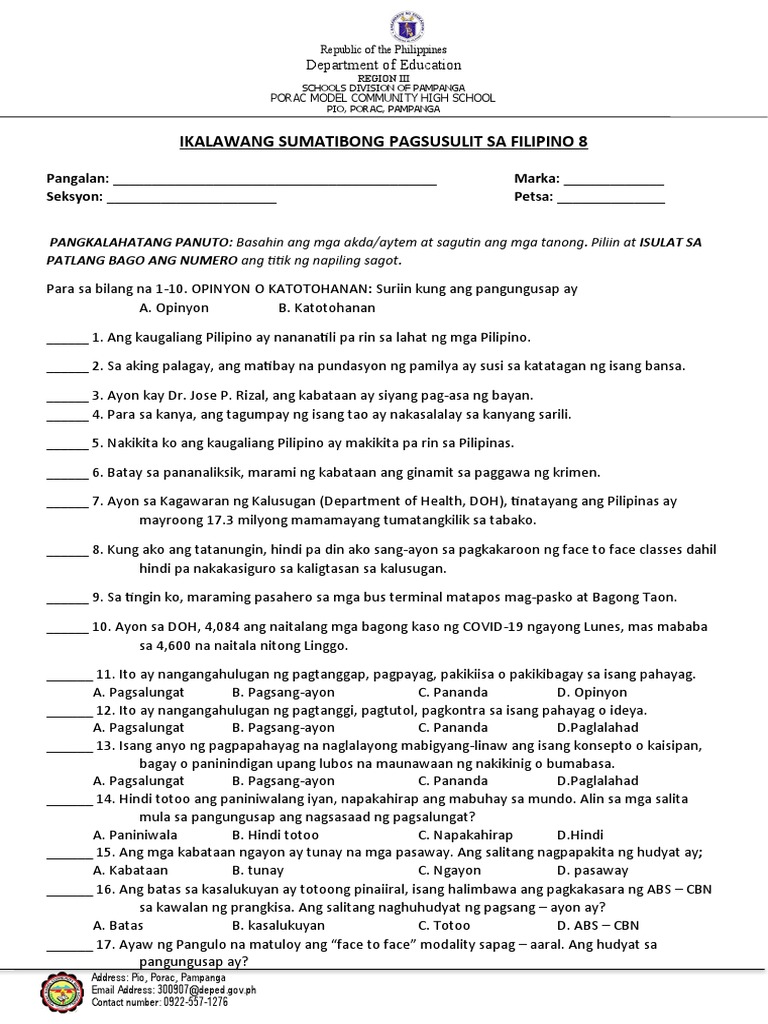 Ikalawang Sumatibong Pagsusulit Sa Filipino 8 | PDF