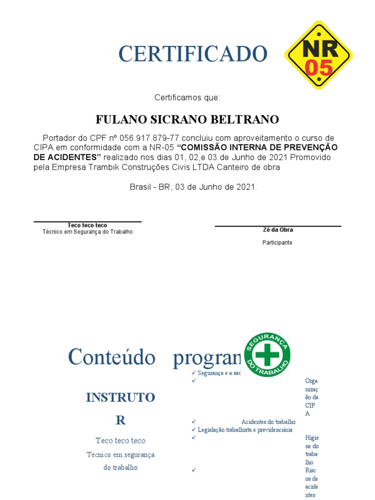 Certificado Cipa Modelo | PDF | Ciências da Saúde
