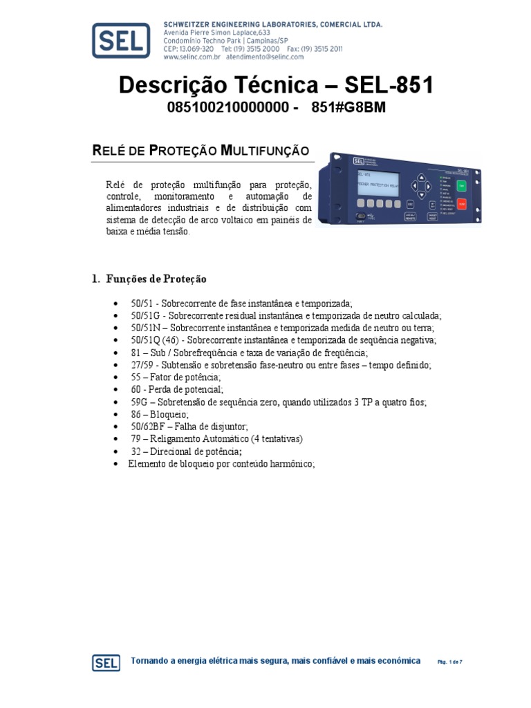 RELÉ SEL-851 - Proteção de Alimentadores Com Arco | PDF | Energia ...