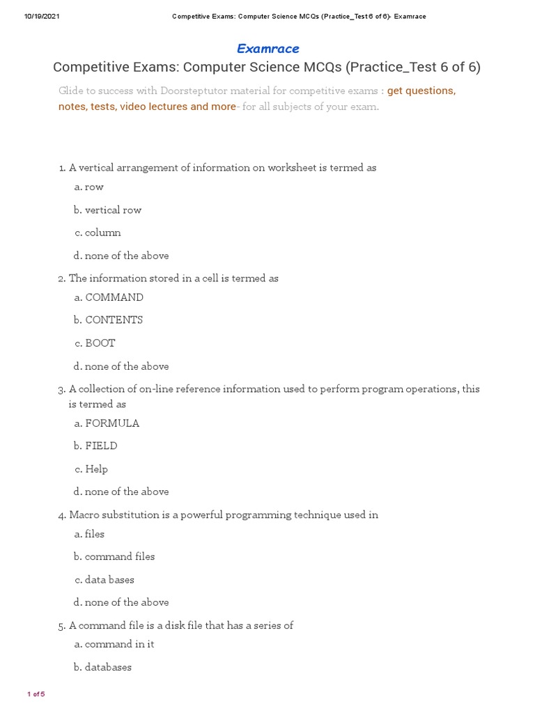 Computer Science MCQs Practice Test 6 | PDF | Databases | Computer File