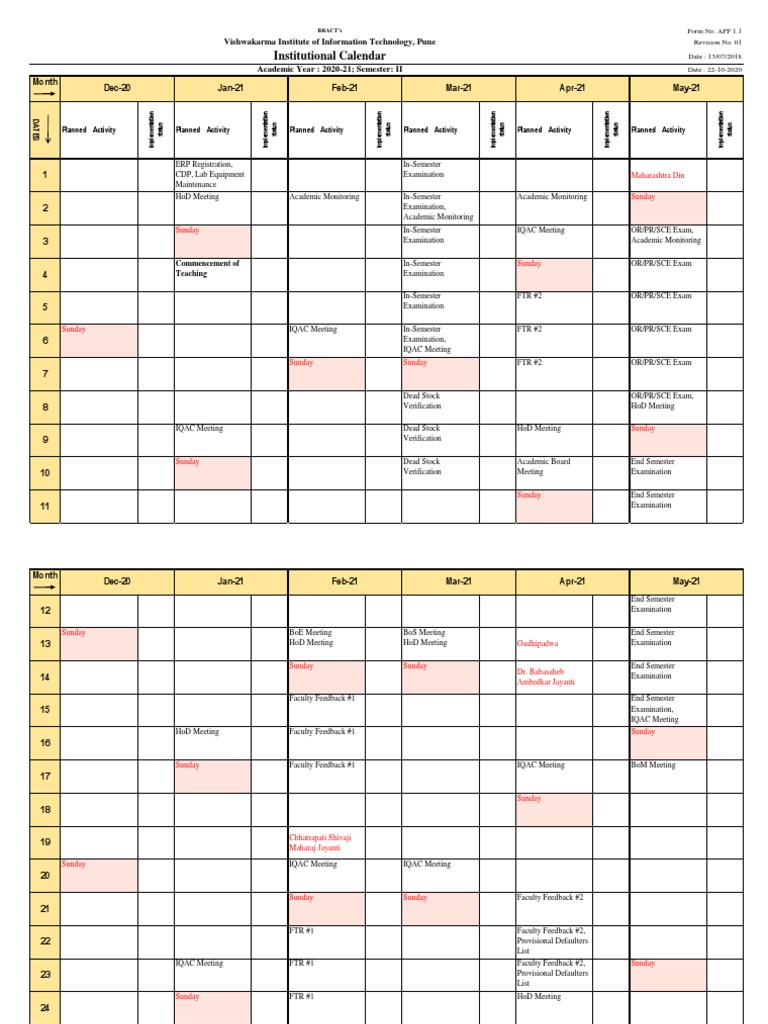 Institutional Calendar: Month Jan-21 Feb-21 Mar-21 Apr-21 May-21 Dec-20 ...