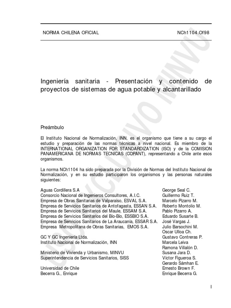 NCh 1104 Of. 98 - Ingeniería Sanitaria - Presentación y contenido de proyectos de sistemas de ...