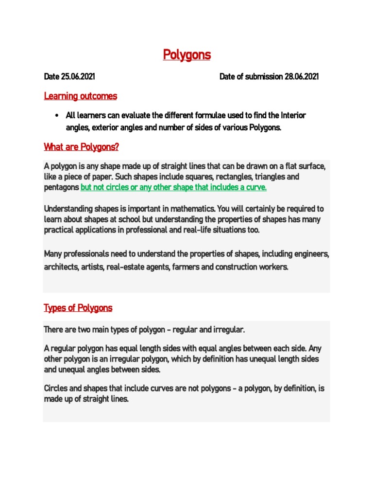 Polygons: Learning Outcomes | PDF | Polygon | Shape