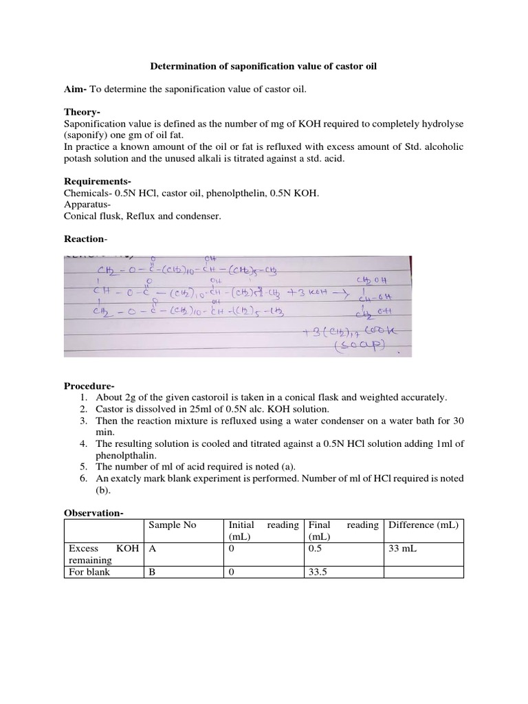 Determination of Saponification Value of Castor Oil | PDF