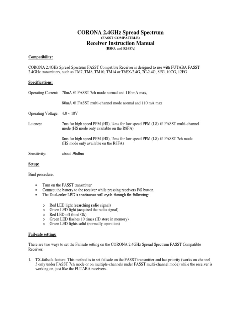 Corona 2.4Ghz Spread Spectrum Receiver Instruction Manual: Compatibility | PDF | Flash ...