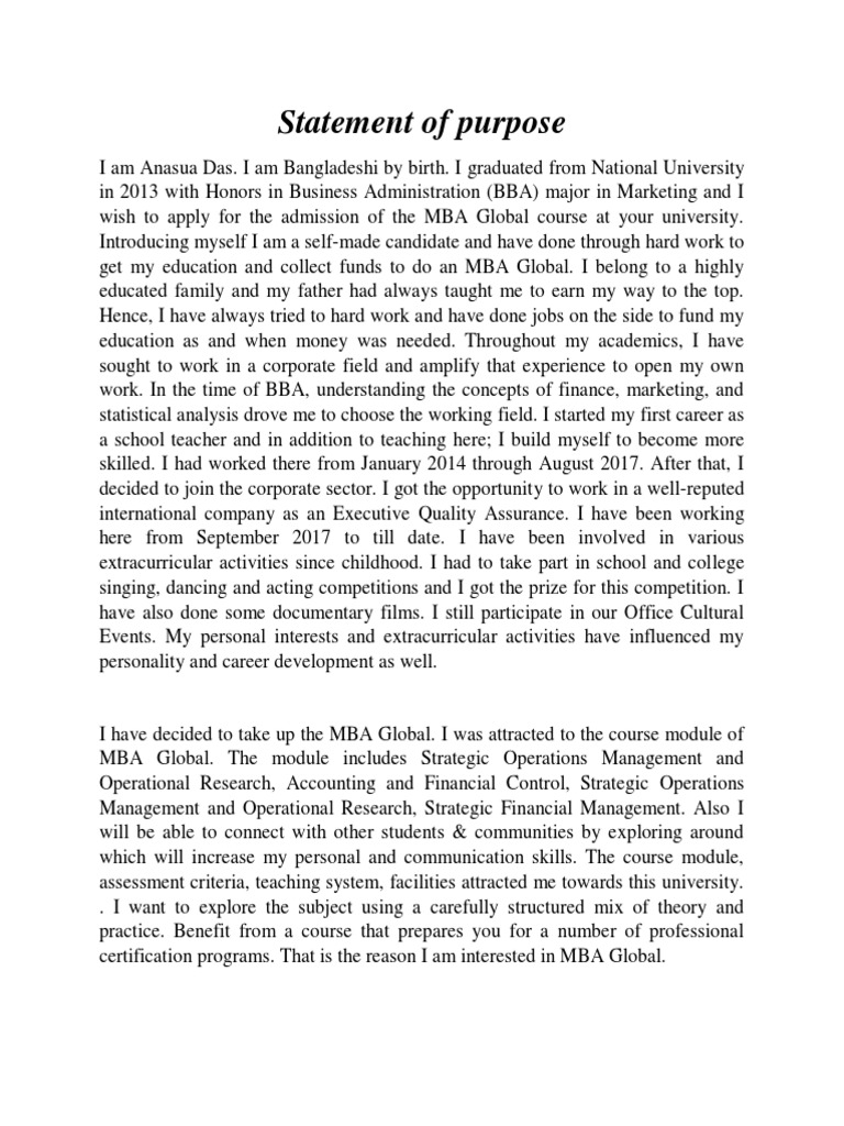 Statement of Purpose-Sample | PDF | Master Of Business Administration
