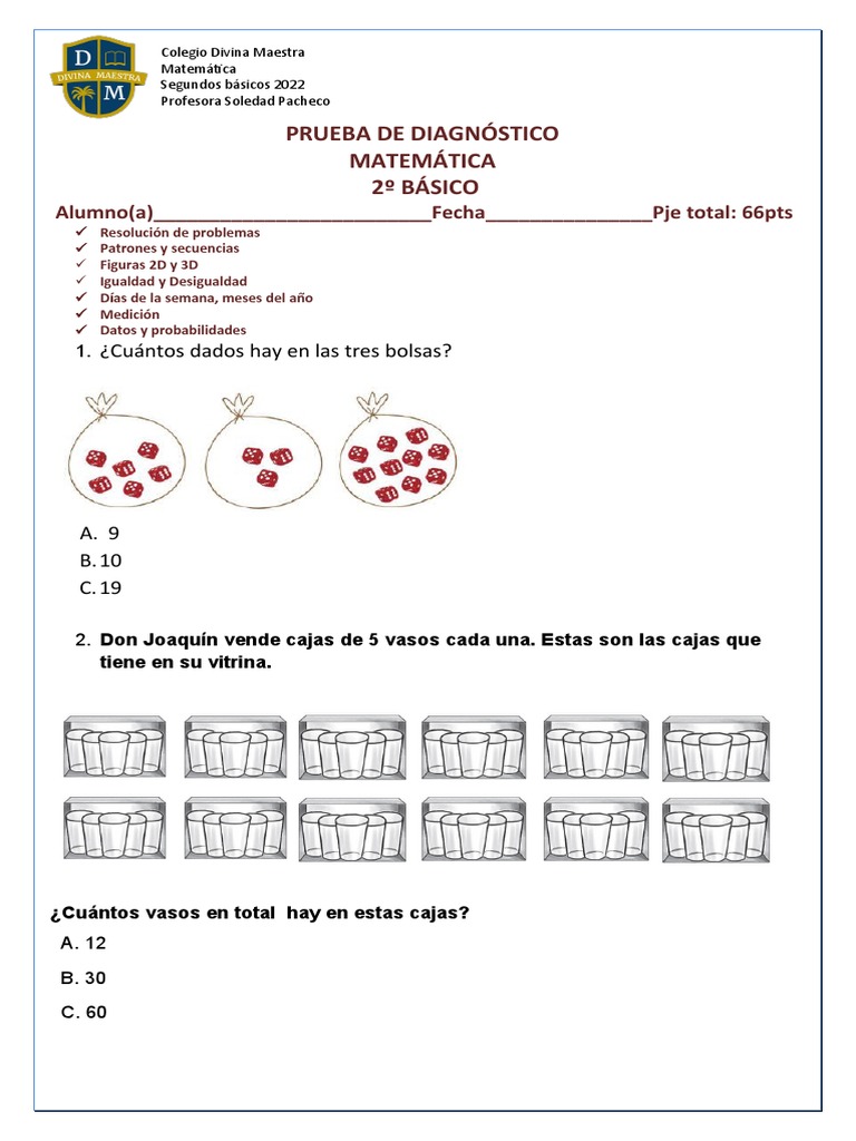 Evaluación Diagnóstico Matemática Segundo Básico 2022 | PDF