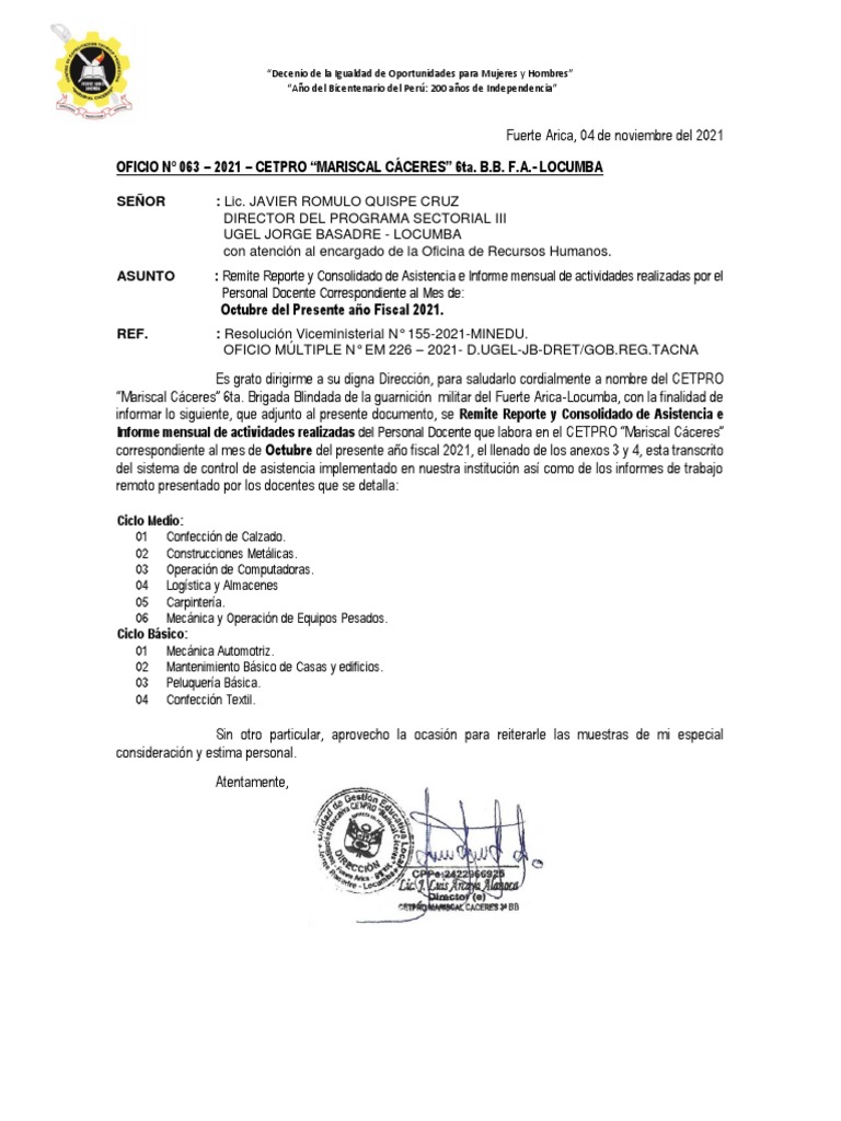 Oficio #063 - 2021 - Cetpro "Mariscal Cáceres" 6ta. B.B. F.A.-Locumba | PDF