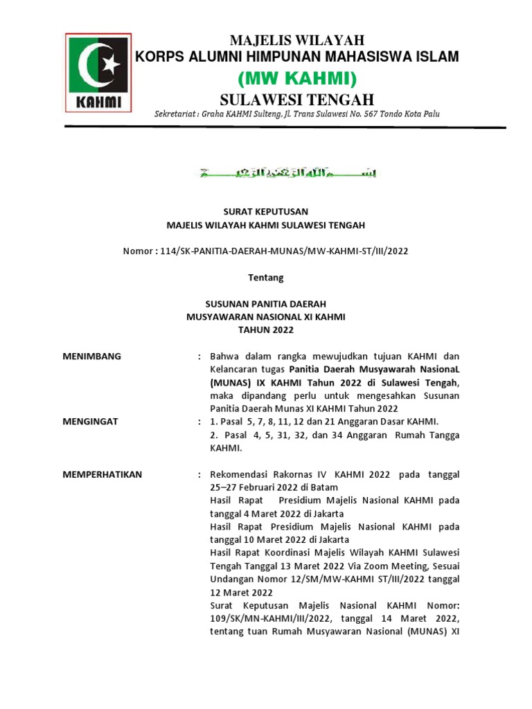 SK MW Panitia Daerah Munas Xi Kahmi | PDF