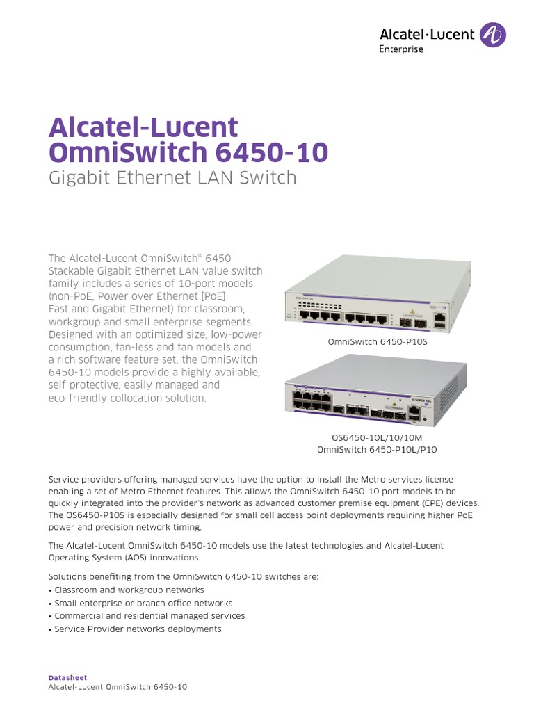 Alcatel-Lucent Omniswitch 6450-10: Gigabit Ethernet Lan Switch | PDF ...