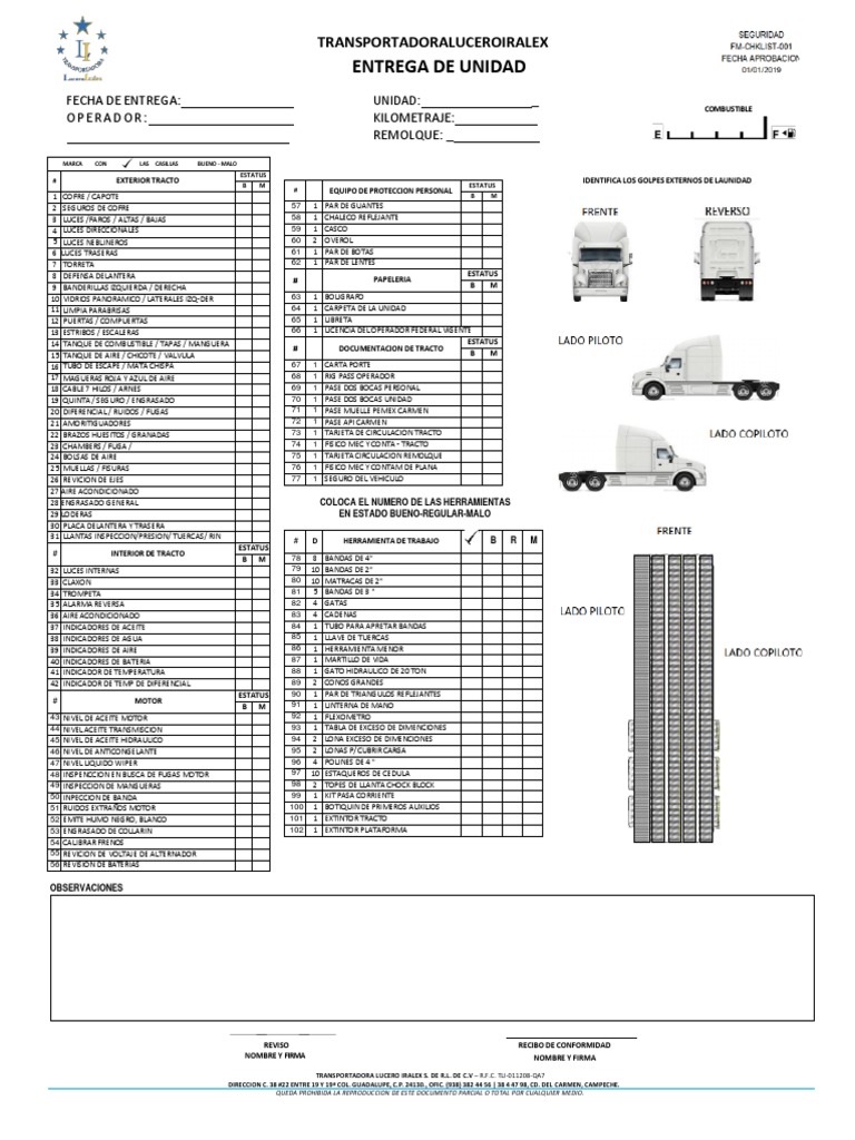 2.1 Check List Entrega de Unidad | PDF | Vehículo de motor | Vehículos ...