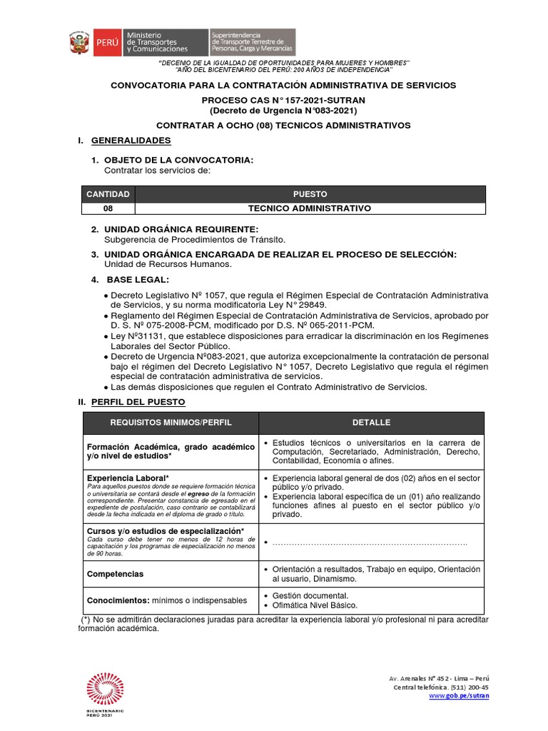 Cas 157-2021 - Tecnico Administrativo - SGPT | PDF | Perú | Gestión de ...