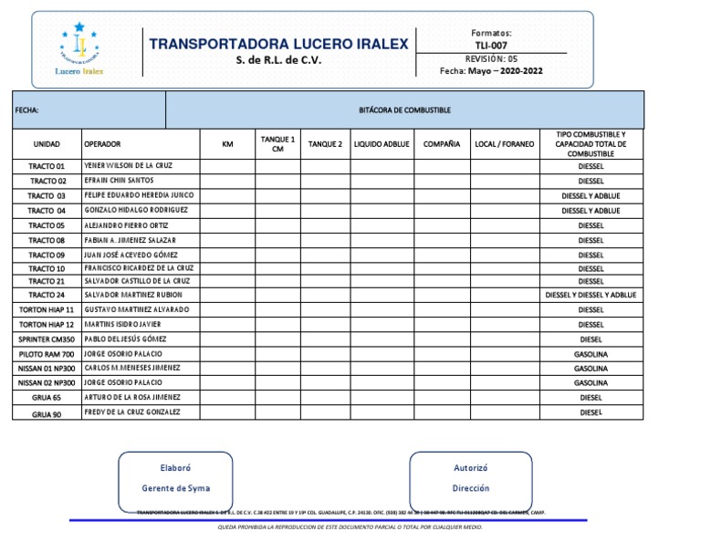 2.9 Formatos Bitacora Combustible | PDF