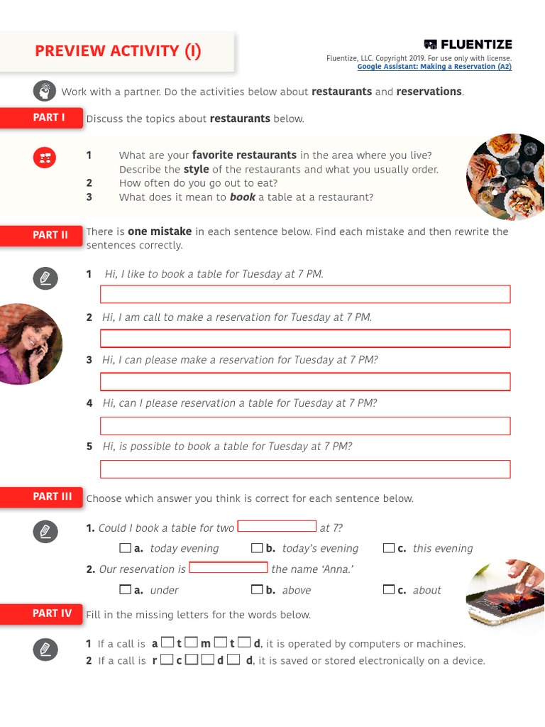 Preview Activity (I) : 1 2 3 Book A Table at A Restaurant? | PDF ...