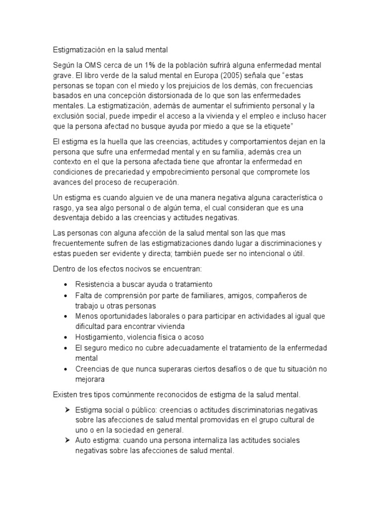 Estigmatizacion en La Salud Mental | PDF | Discriminación | Salud mental