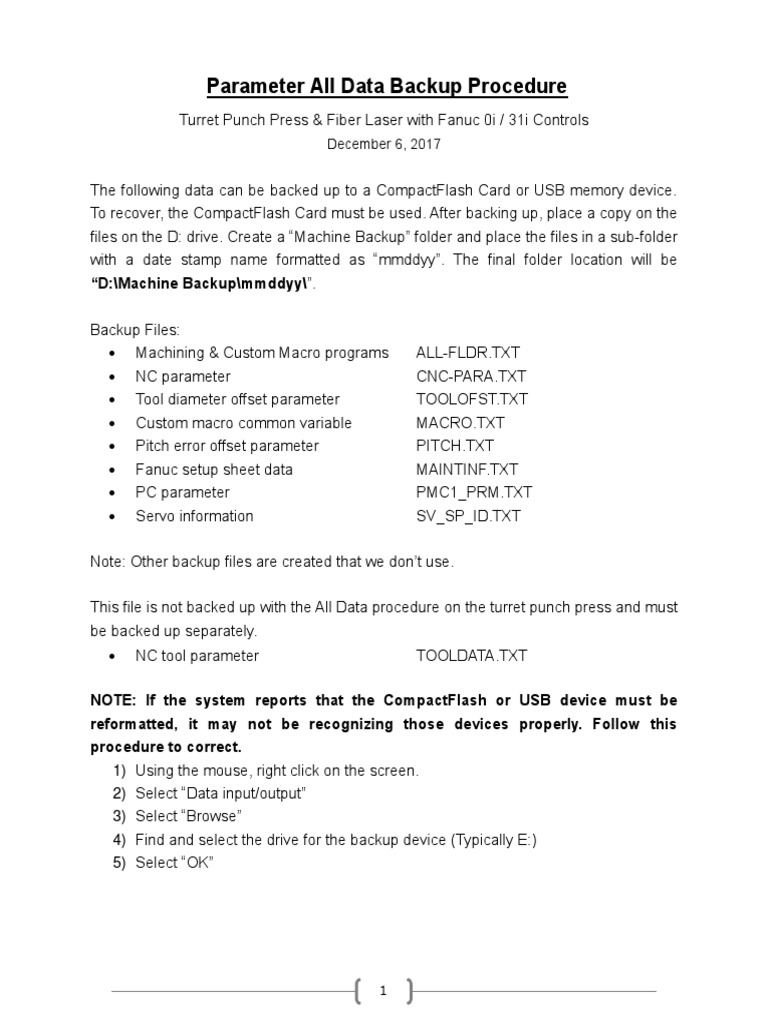 Parameter All Data Backup Procedure: "D:/Machine Backup/mmddyy/" | PDF ...