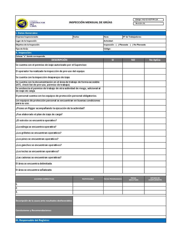 ML2-CJV-SST-FR-116 - Inspección Mensual de Grúa | PDF | Negocios | Finanzas y dinero