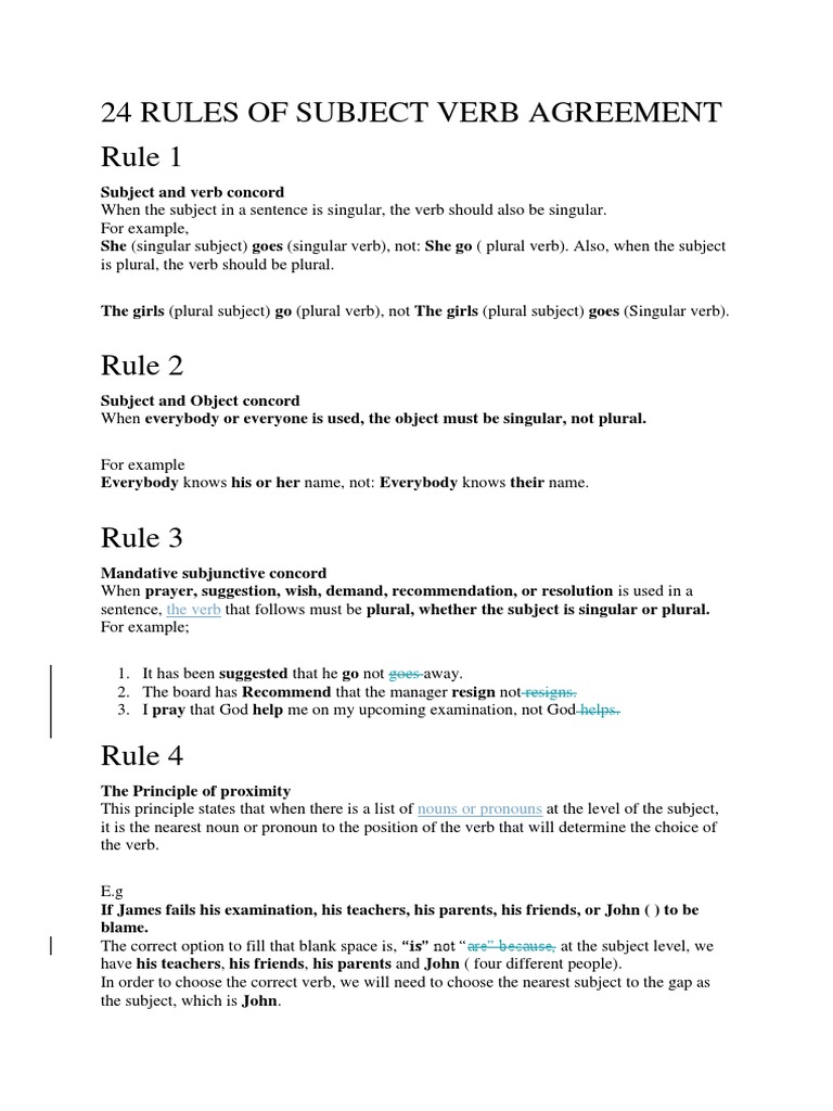 24 Rules of Subject Verb Agreement Resource | PDF | Grammatical Number ...