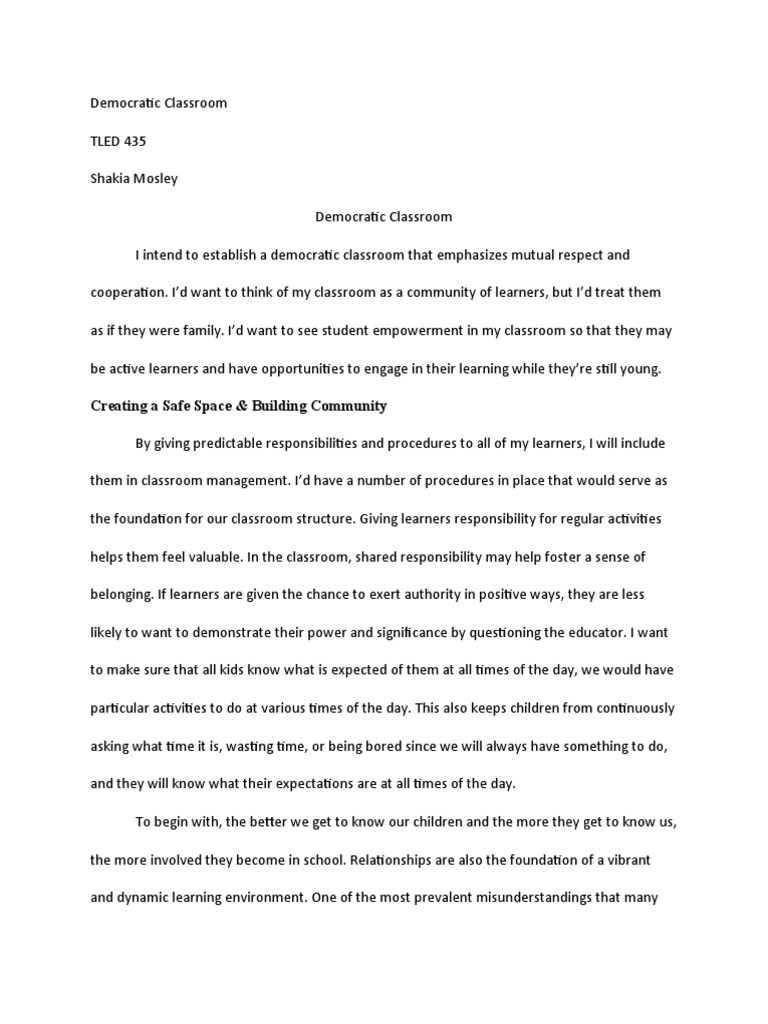 TLED 435-Democratic Classroom | PDF | Teachers | Learning