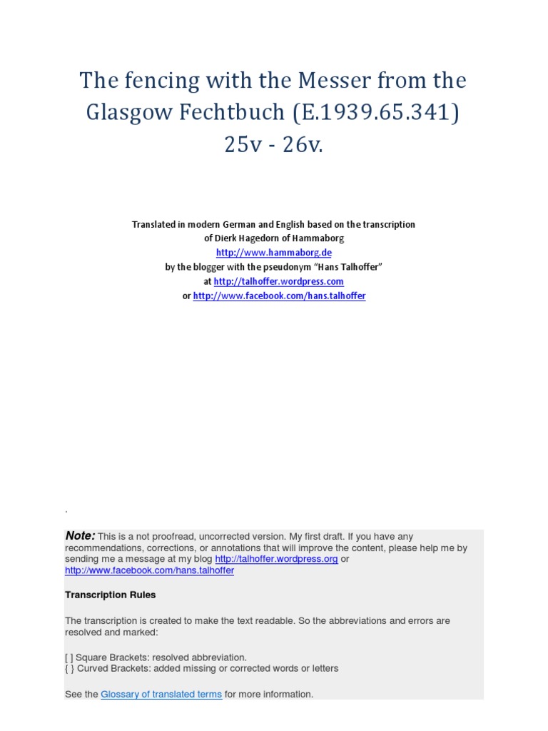 Messer From The Glasgow Fechtbuch (E.1939.65.341) 25v - 26v | PDF ...