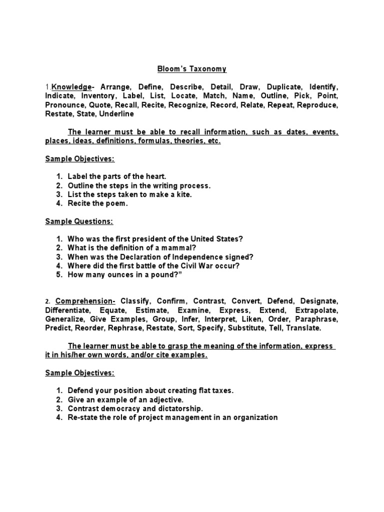 Bloom's Taxonomy Question Examples | PDF | Memory | Learning