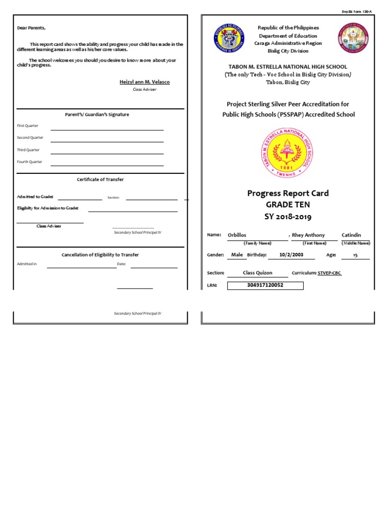 Progress Report Card Grade Ten SY 2018-2019: Heizyl Ann M. Velasco ...