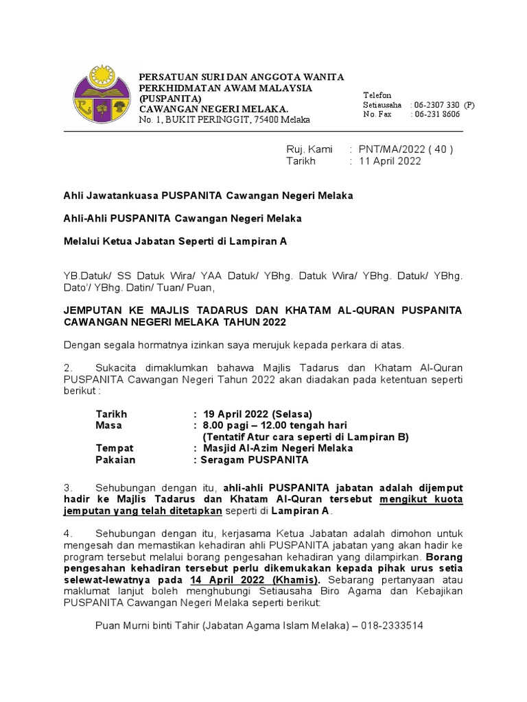 Surat Jemputan Peserta Tadarus 2022 | PDF