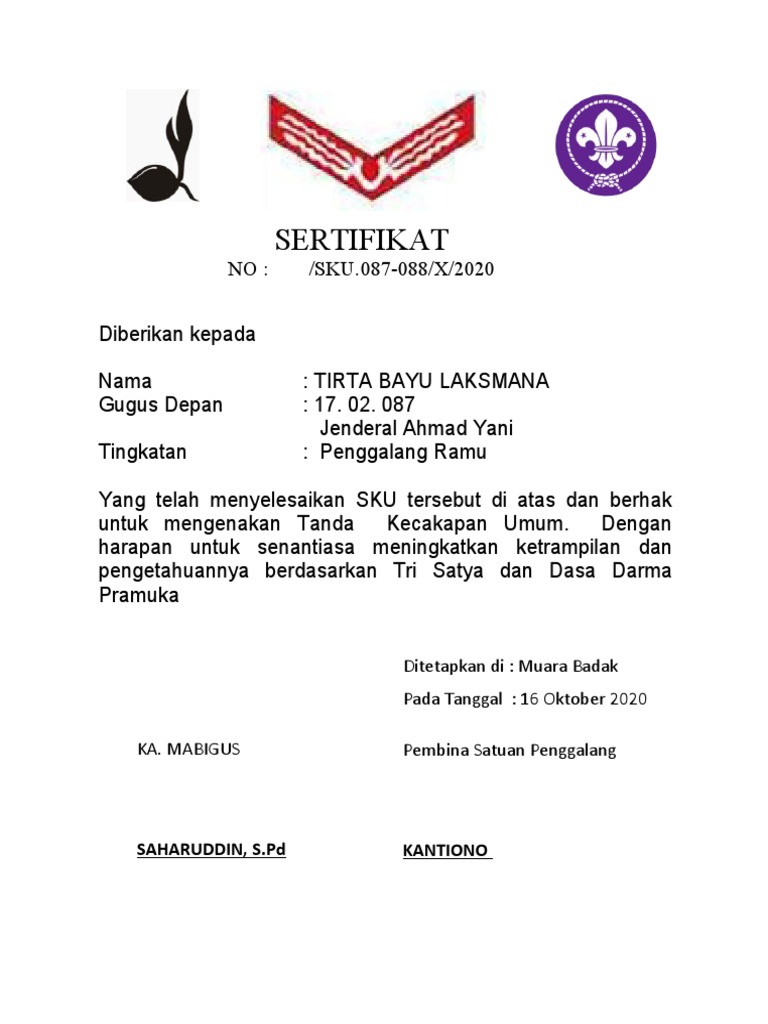 Sertifikat SKU Pramuka Tirta Bayu | PDF