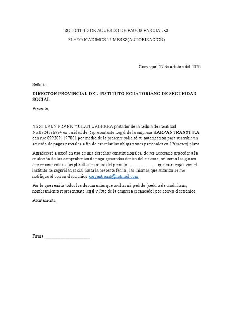 Solicitud de Acuerdo de Pagos Parciales Iess | PDF