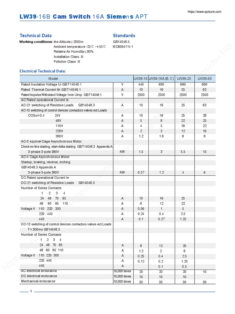 Cam Switch 16A: LW39-16B Siemens APT | PDF | Switch | Electric Motor