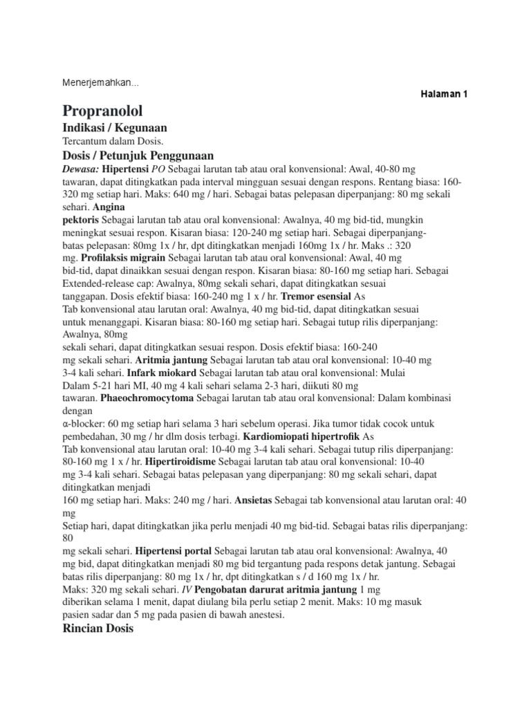 Dosis dan Indikasi Propranolol untuk Terapi | PDF