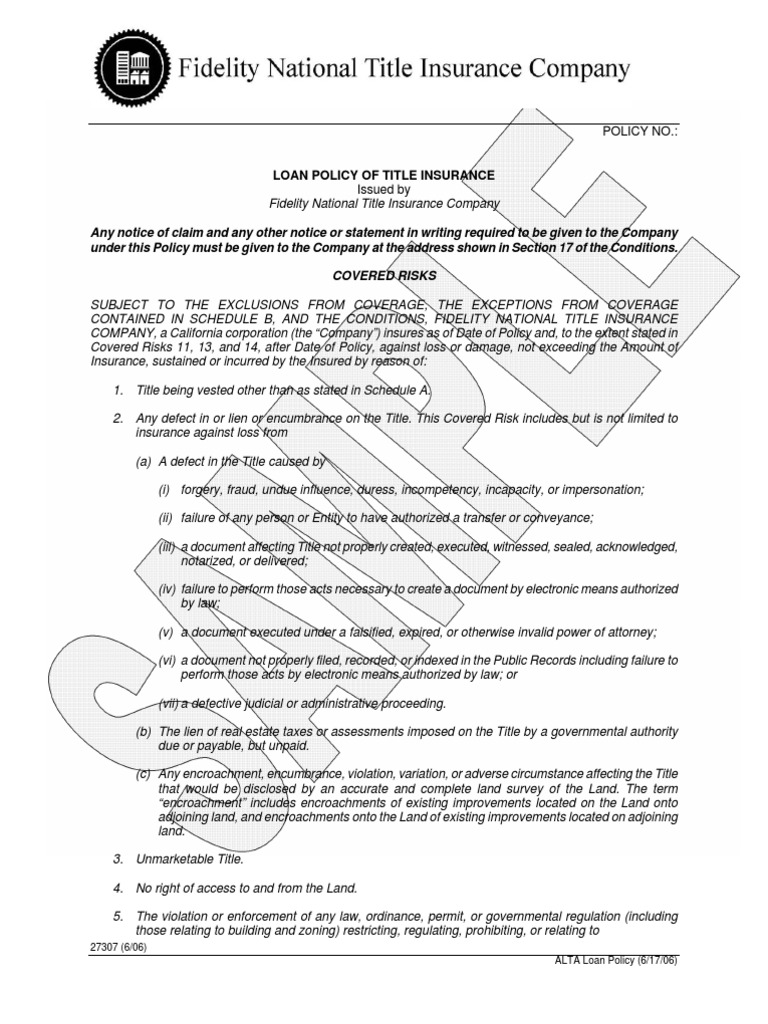 Fidelity 2006 Alta Lenders Policy - Sample | PDF | Liability Insurance ...