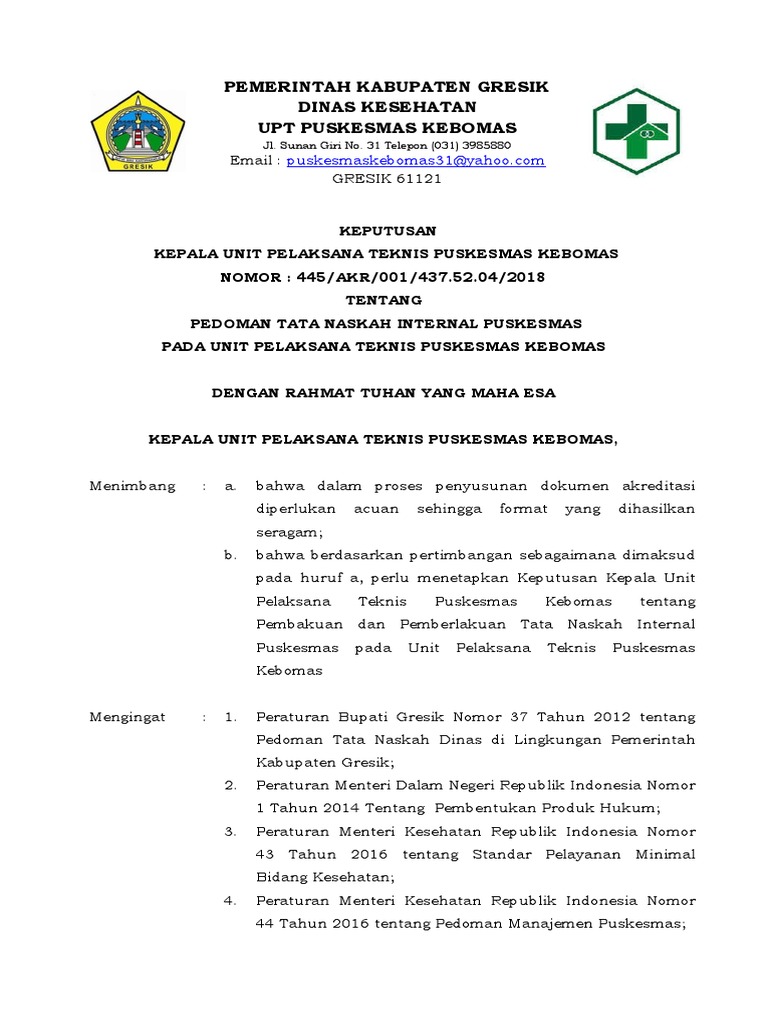 SK Pedoman Tata Naskah Internal Puskesmas | PDF