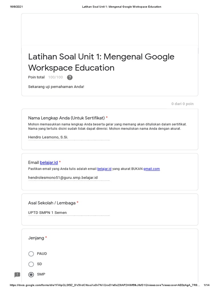 Latihan Soal Unit 1 - Mengenal Google Workspace Education | PDF