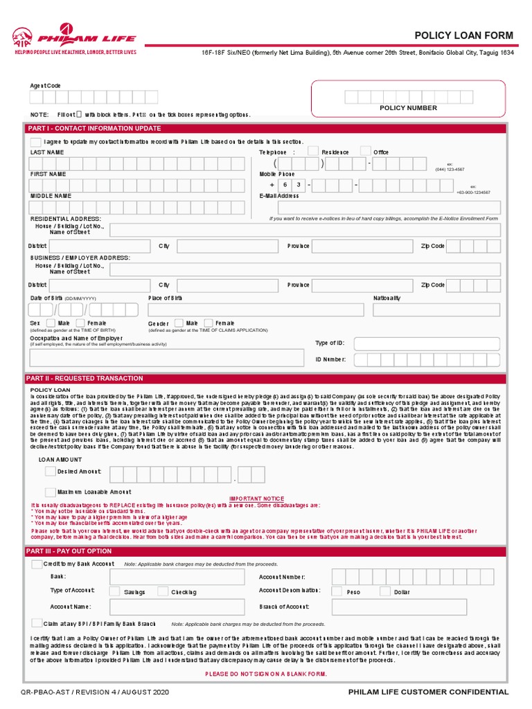 Philam Life Policy Loan Application Form | PDF | Interest | Loans