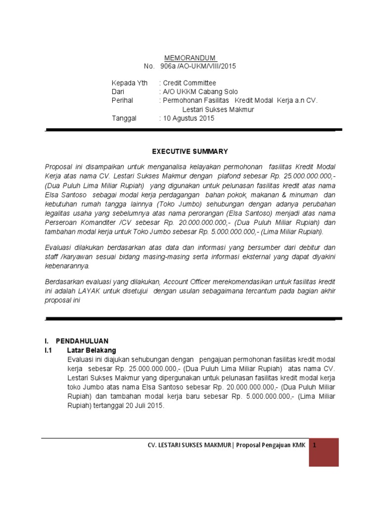 Proposal Kredit Modal Kerja CV Lestari | PDF