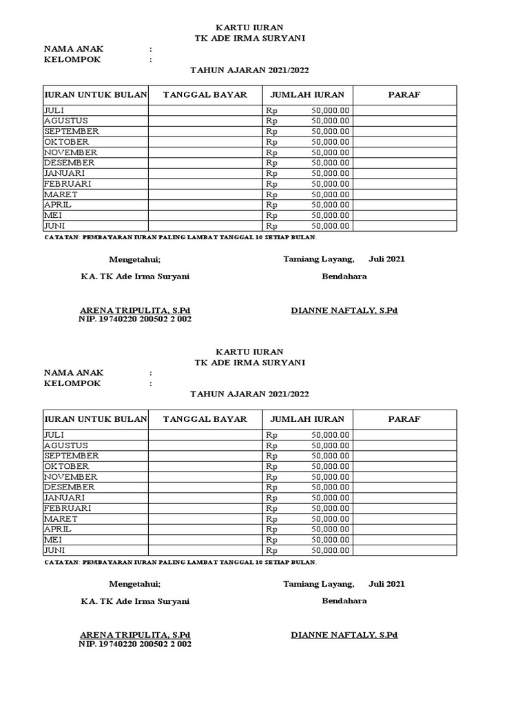 Format Kartu Iuran | PDF