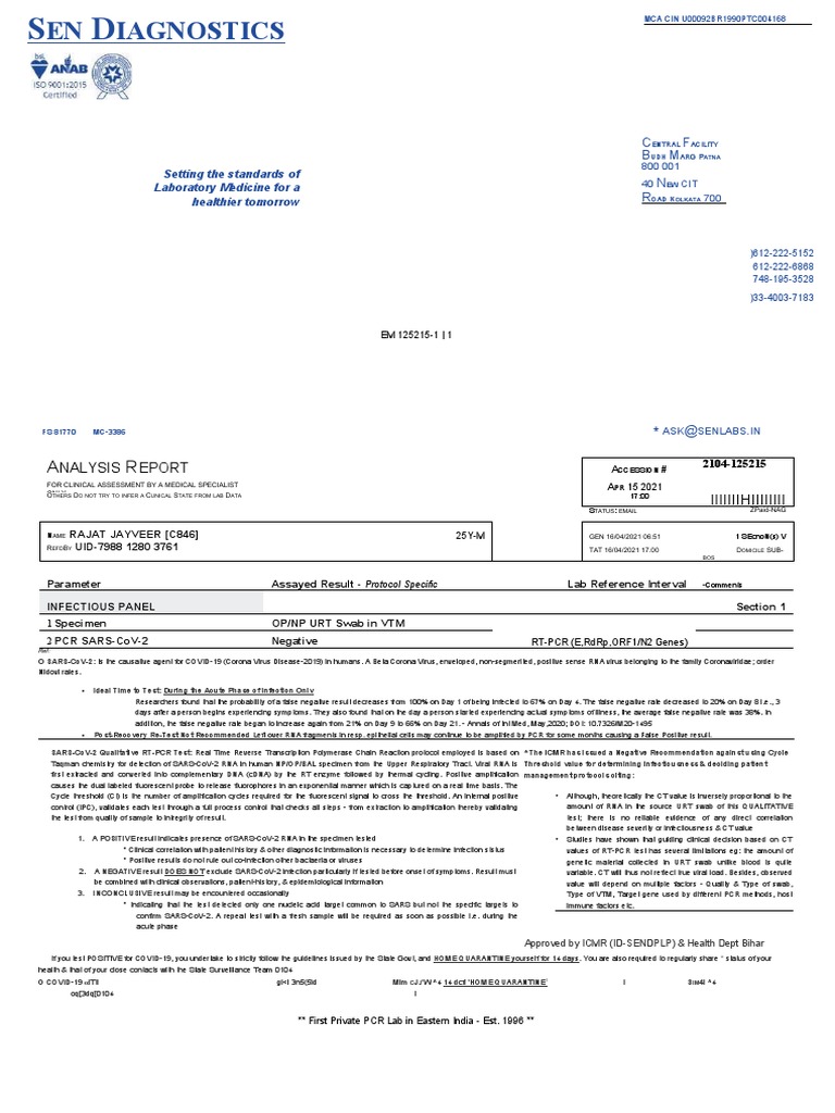 SEN DIAGNOSTICS SARS-CoV-2 QUALITATIVE RT-PCR TEST REPORT | PDF ...