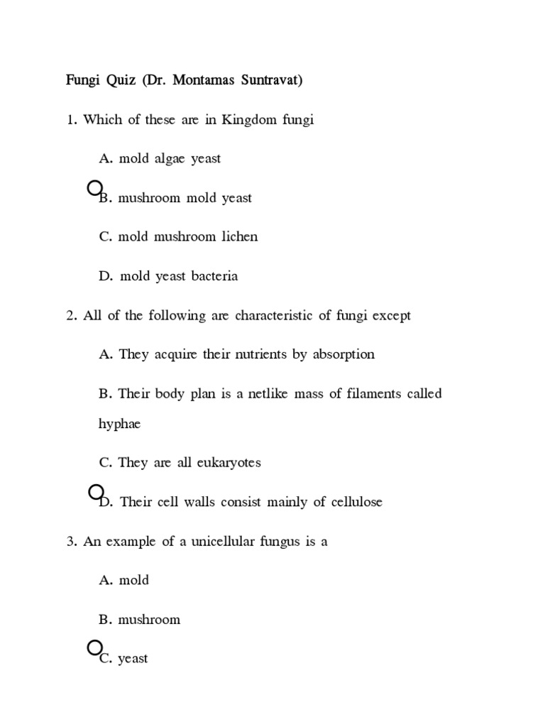 Quiz Fungi With Answer | PDF | Fungus | Organisms