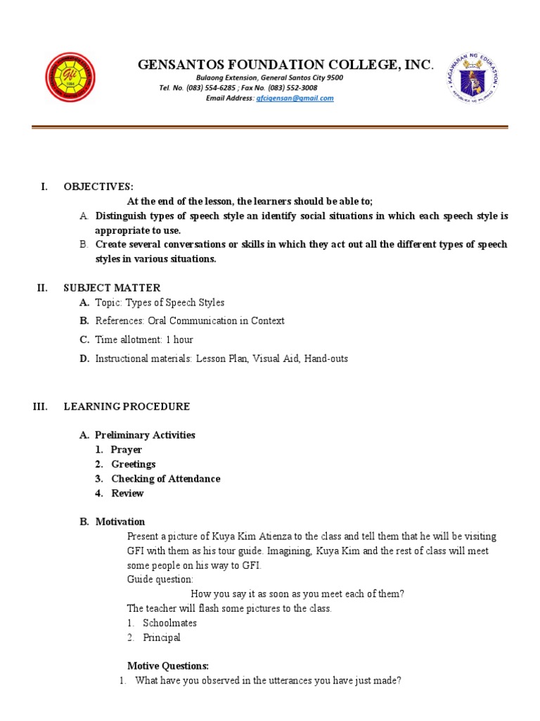 Speech Styles LP | PDF | Speech | Lesson Plan