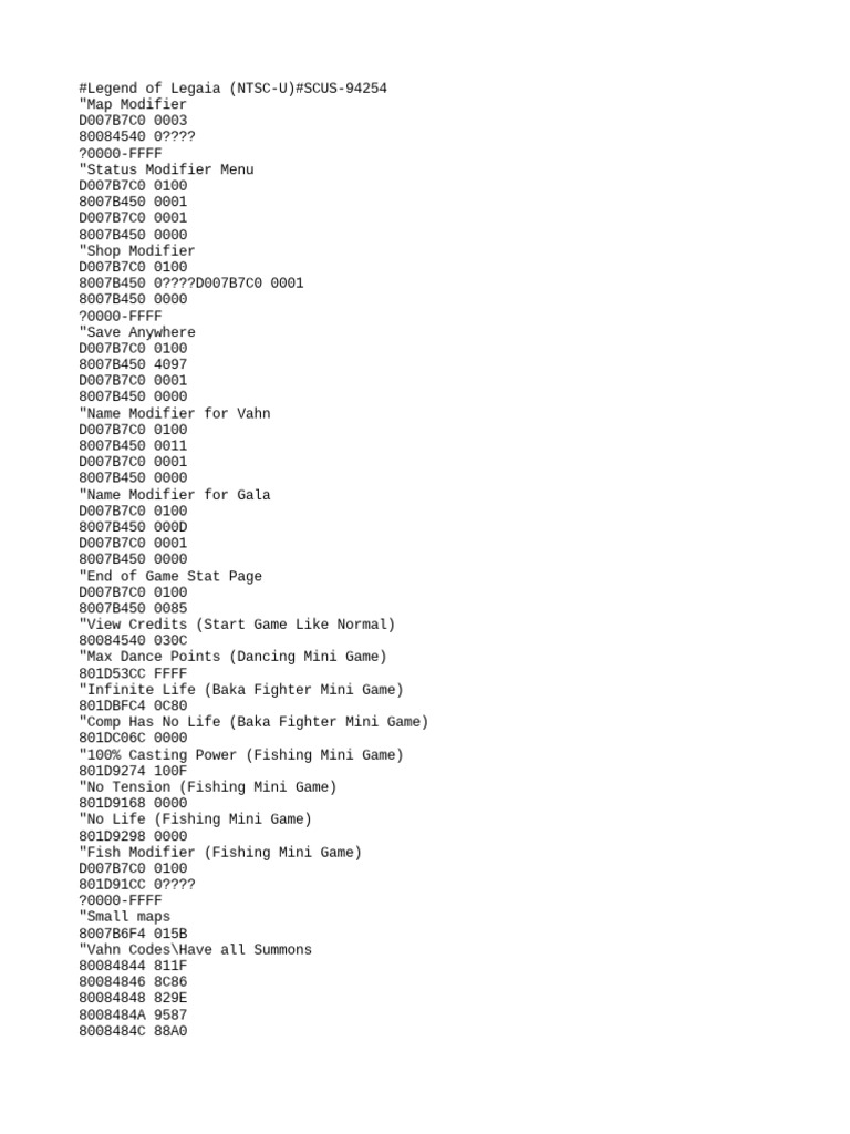 Legend of Legaia Cheat Codes Guide | PDF