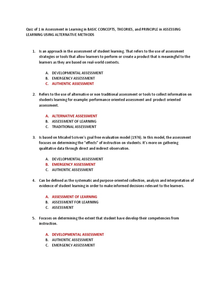 Quiz of 1 in Assessment in Learning in BASIC CONCEPTS, THEORIES, and PRINCIPLE in ASSESSING ...