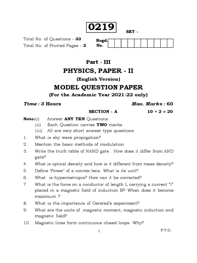 Physics, Paper - Ii Model Question Paper: Part - III | PDF | Magnetic ...