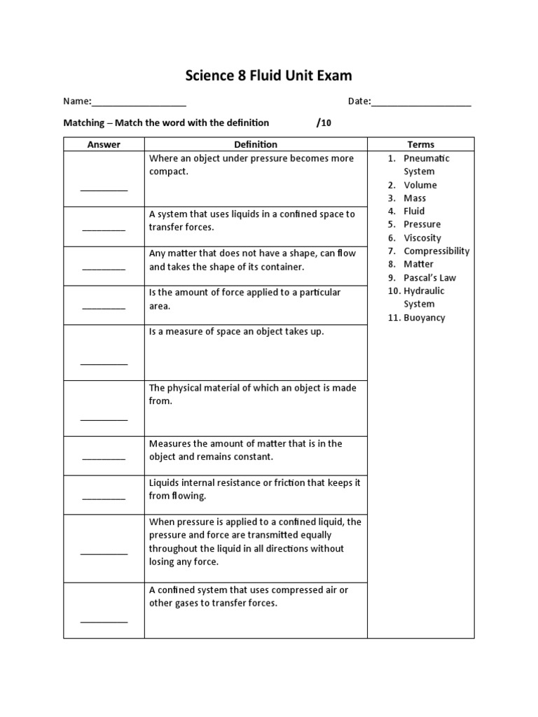 Unit Exam Grade 8 Fluids | PDF | Buoyancy | Liquids