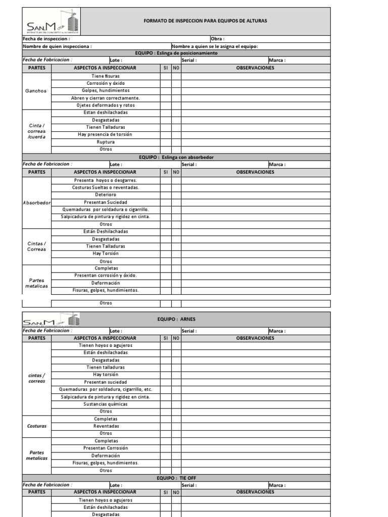 Formato de Inspeccion de Equipos de Alturas | PDF