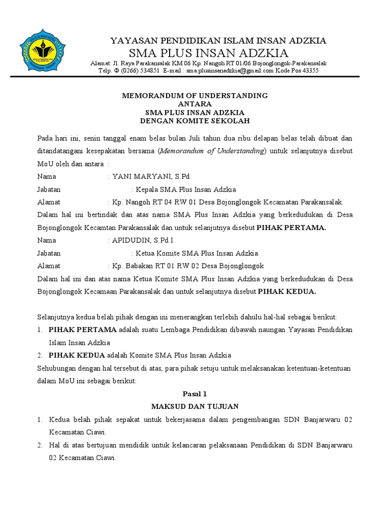 MOU Sekolah Dengan Komite | PDF