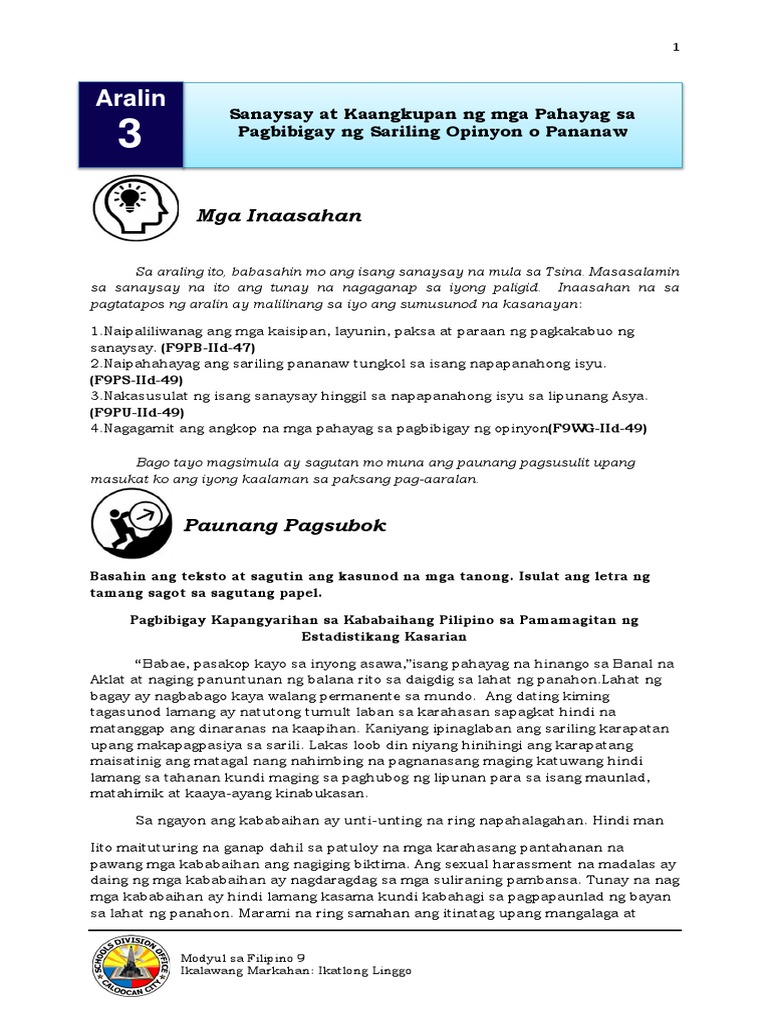 Filipino 9 Q2 W3 With Answer Sheet PDF | PDF