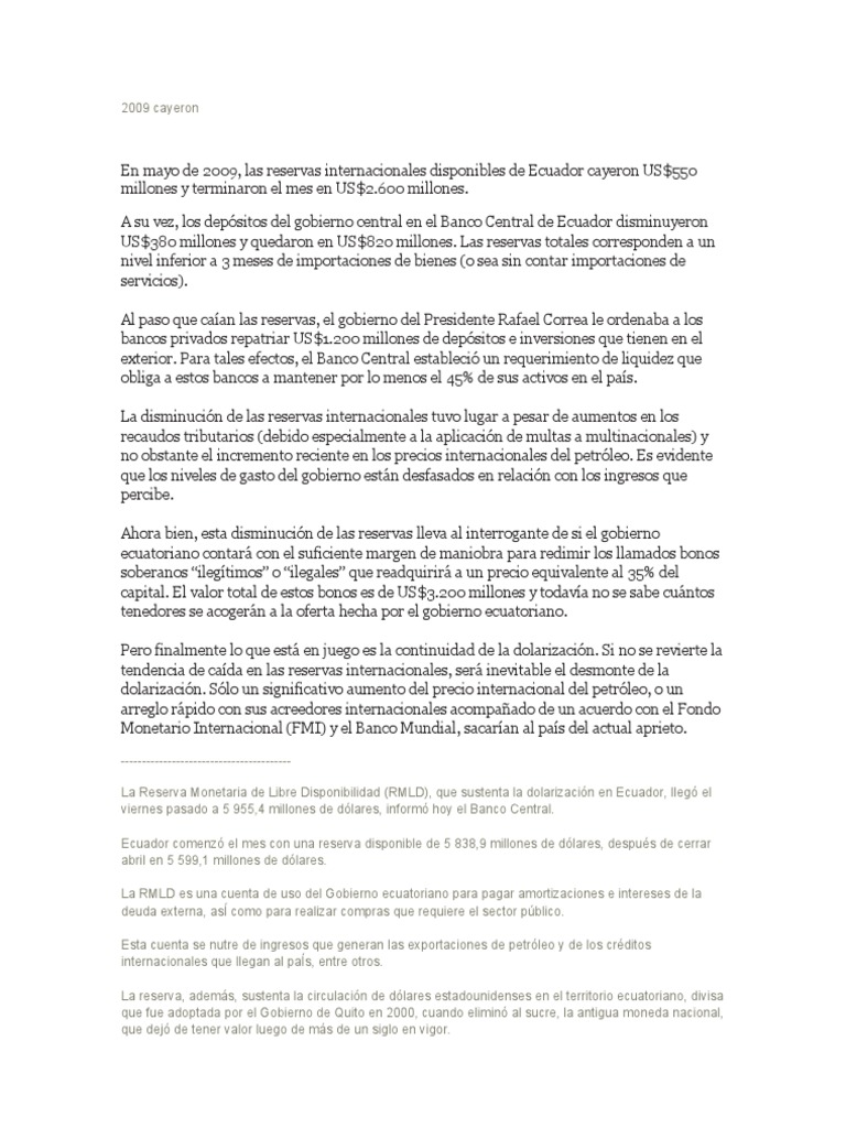 La Reserva Monetaria de Libre Disponibilidad | PDF | Banco central ...